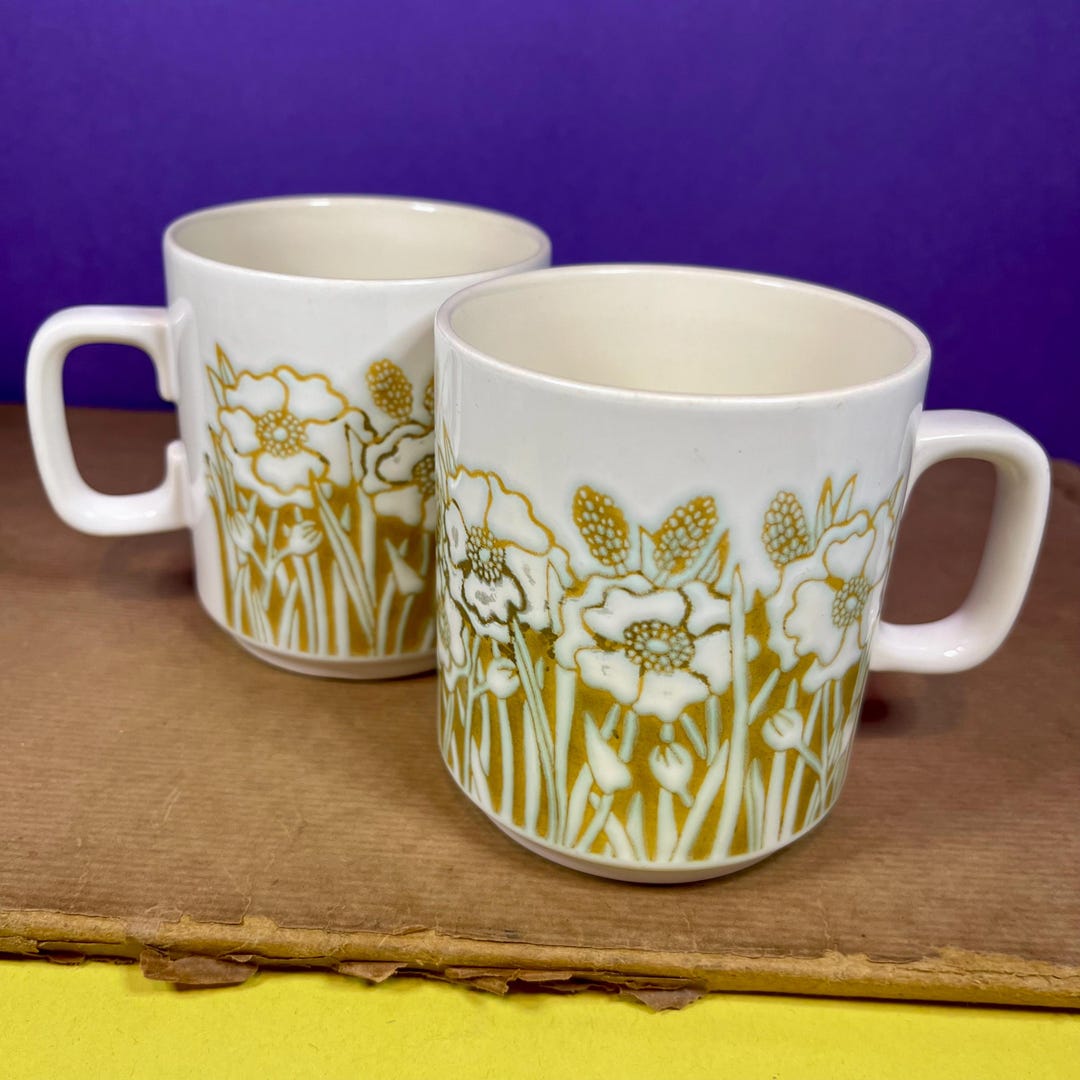 Vintage Hornsea Pottery Fleur Pattern Green Brown Cream Set of Two Mugs ...