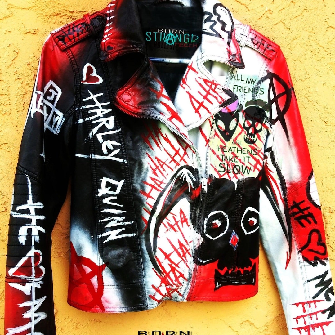 Custom Hand-painted Harley Quinn Leather Jacket Gothic Punk Graffiti ...