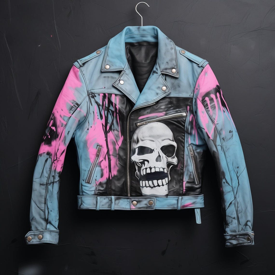 Custom Hand-painted Skull Leather Jacket Unique Biker Jacket With Neon ...