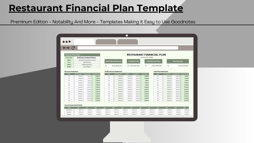 Restaurant Financial Plan Template, Editable Google Sheets, Digital ...
