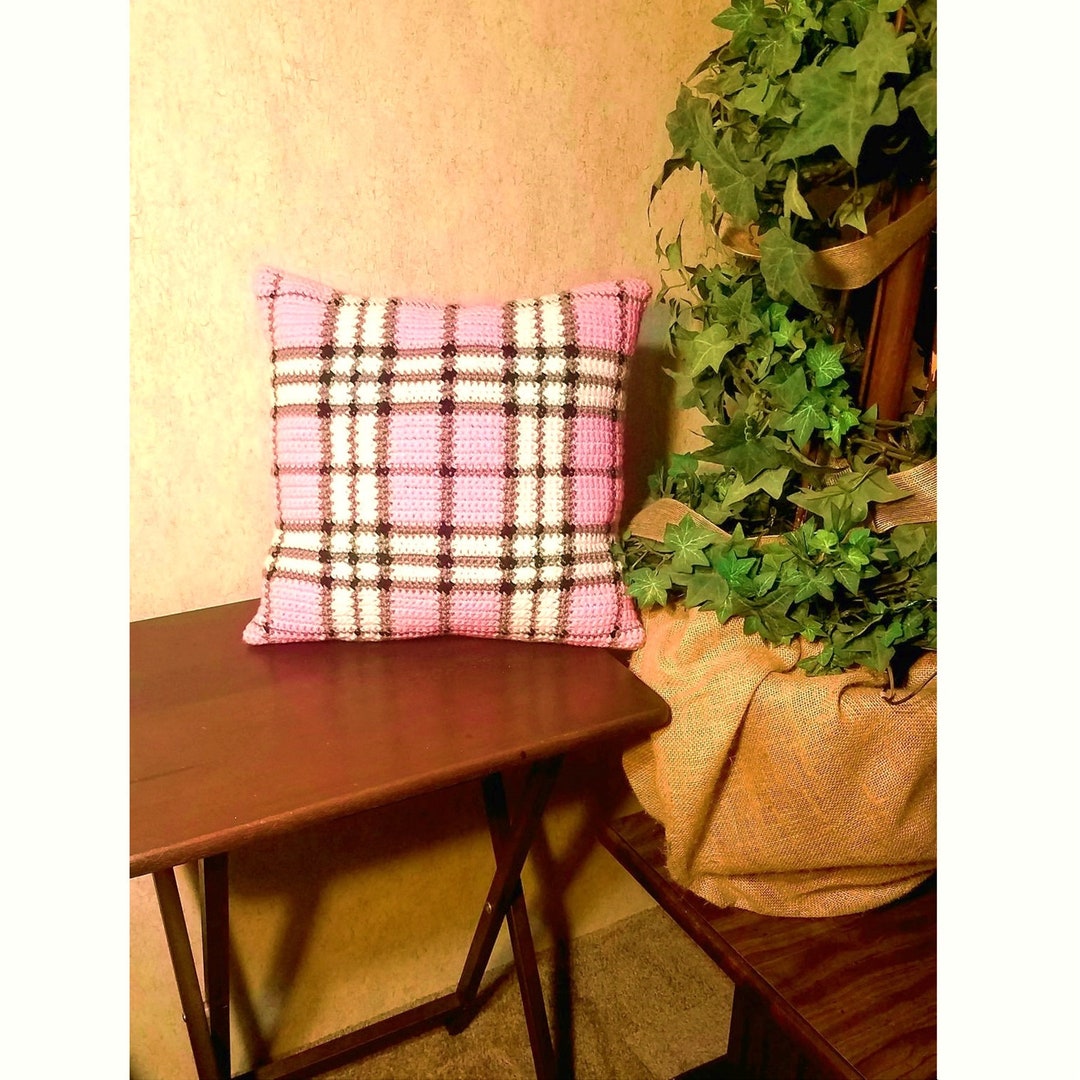 Pink Plaid Pillow Crochet Pattern, Pink Black Decor, Girls Room Accent ...