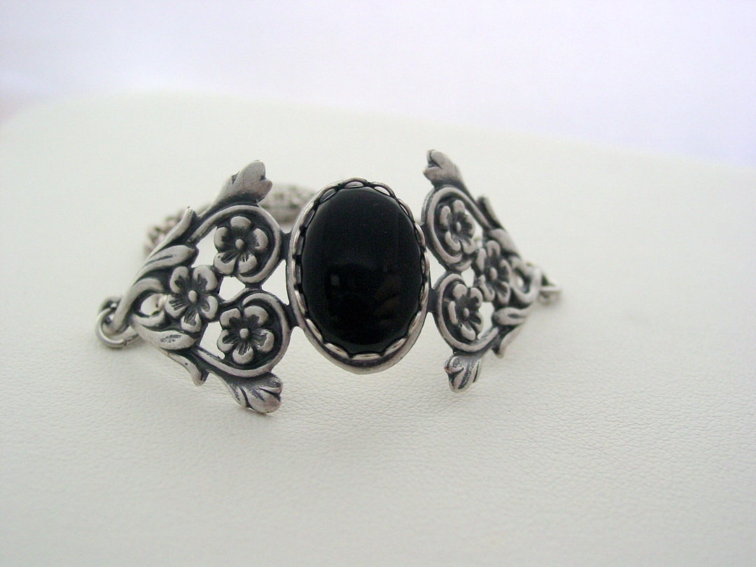 Art Nouveau Style, Black Onyx, Floral Gemstone Bracelet, Pearl Clasp ...