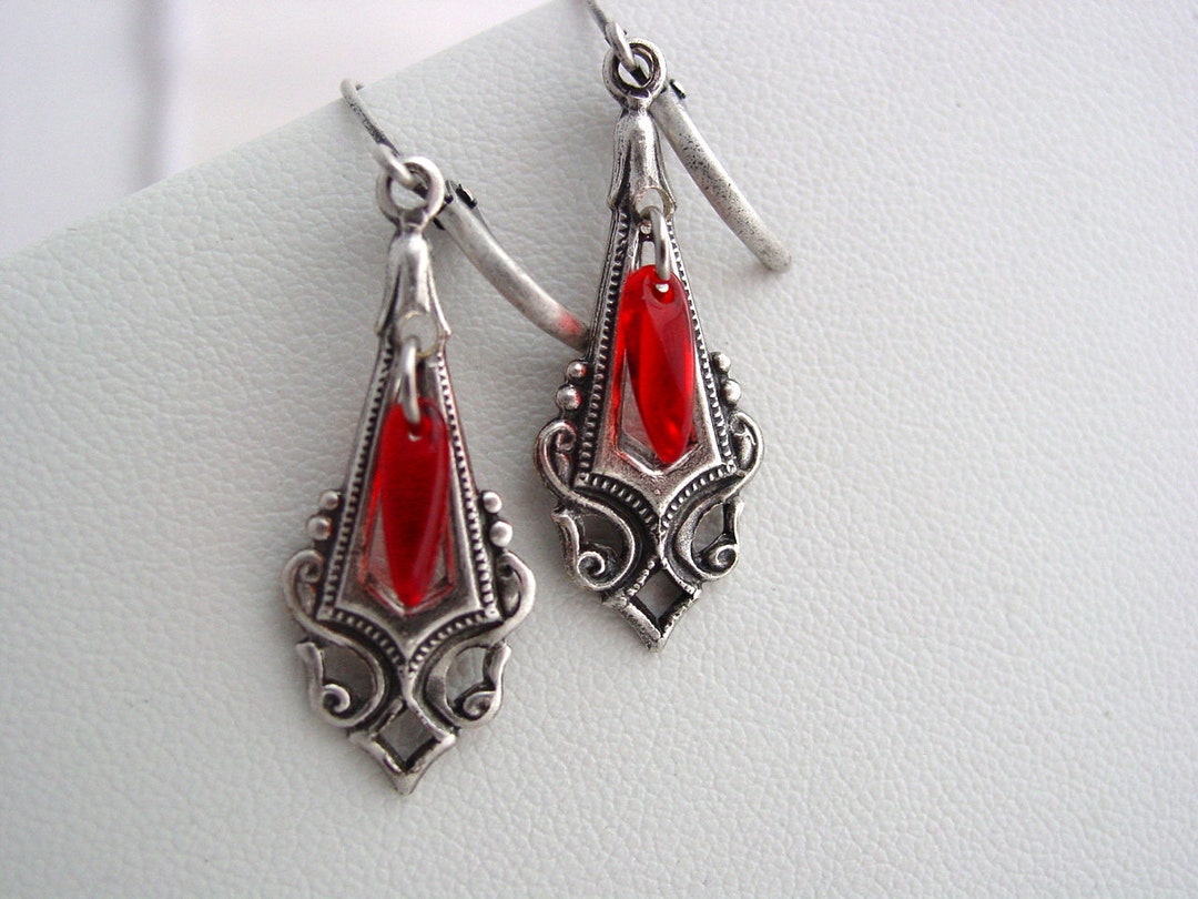 Victorian Style, Ruby Red Earrings, V Pendant Drop Earrings, Leverback ...