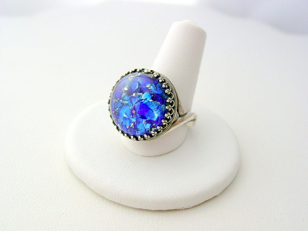 Opal Ring, Glass Opal Ring, Sea Blue Fire Opal Crown Ring, Artisan Opal ...