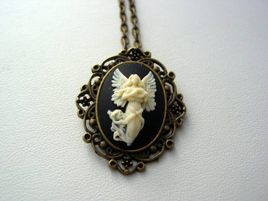 Victorian Style Religious Necklace, Angel Cameo Pendant, Angel Floral ...