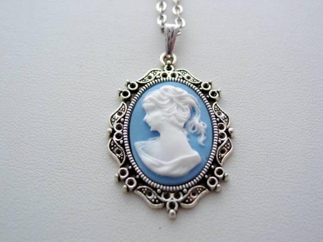 Victorian Blue and White Lady Cameo Necklace - Antique Silver Plated ...