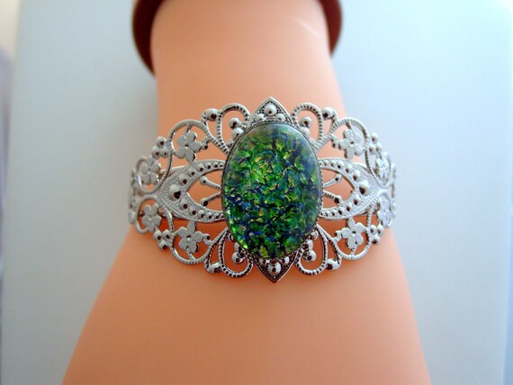 Emerald Fire Opal Cuff Bracelet Vintage Glass Fire Opal Bracelet Filigree Bracelet Opal Medieval Bracelet Etsy