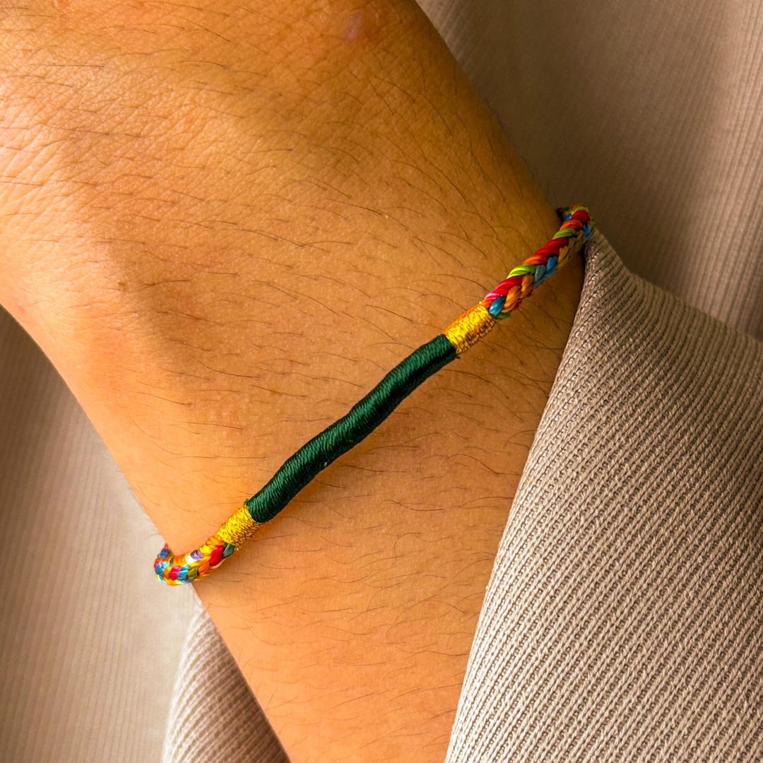 Tibetan Five-color Woven Bracelet With Green Center Thread, Silver ...
