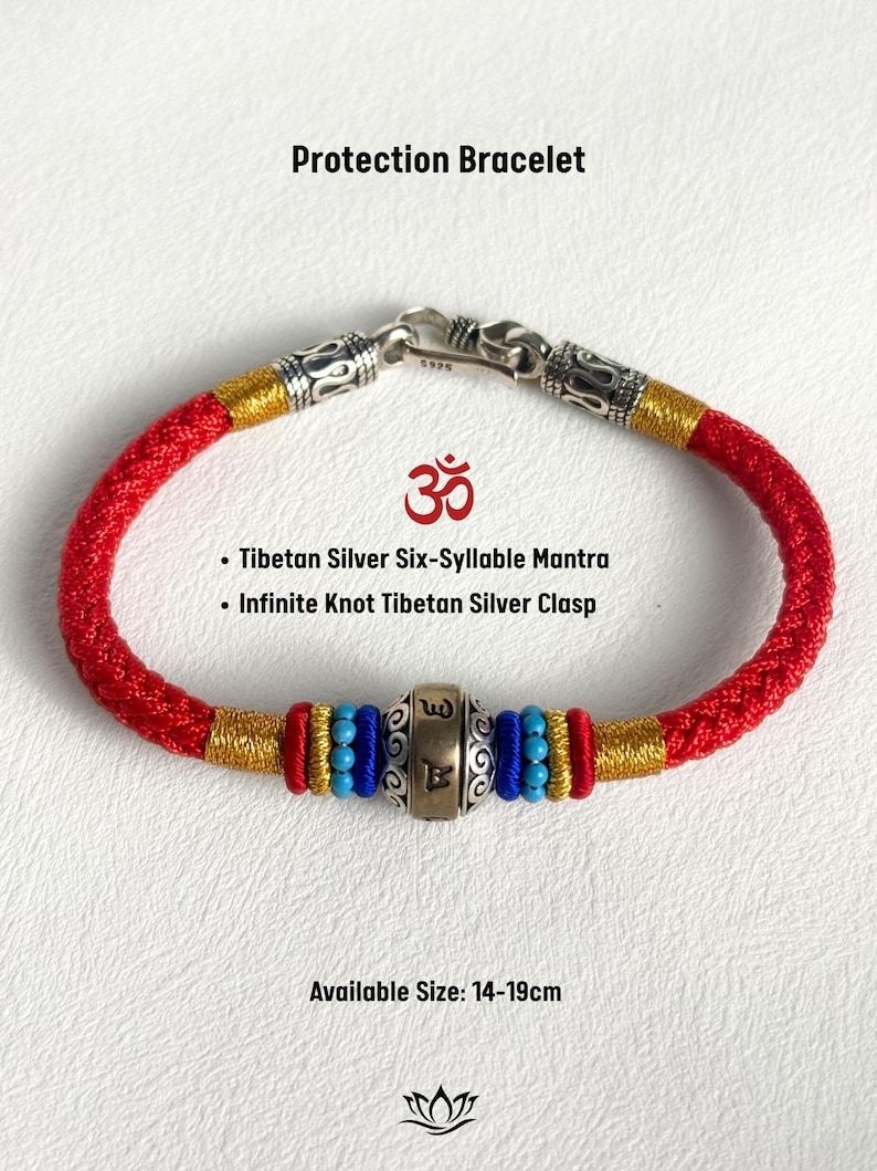 Tibetan Six Word Mantra Bracelet, Red String Protection Bracelet, 925 ...