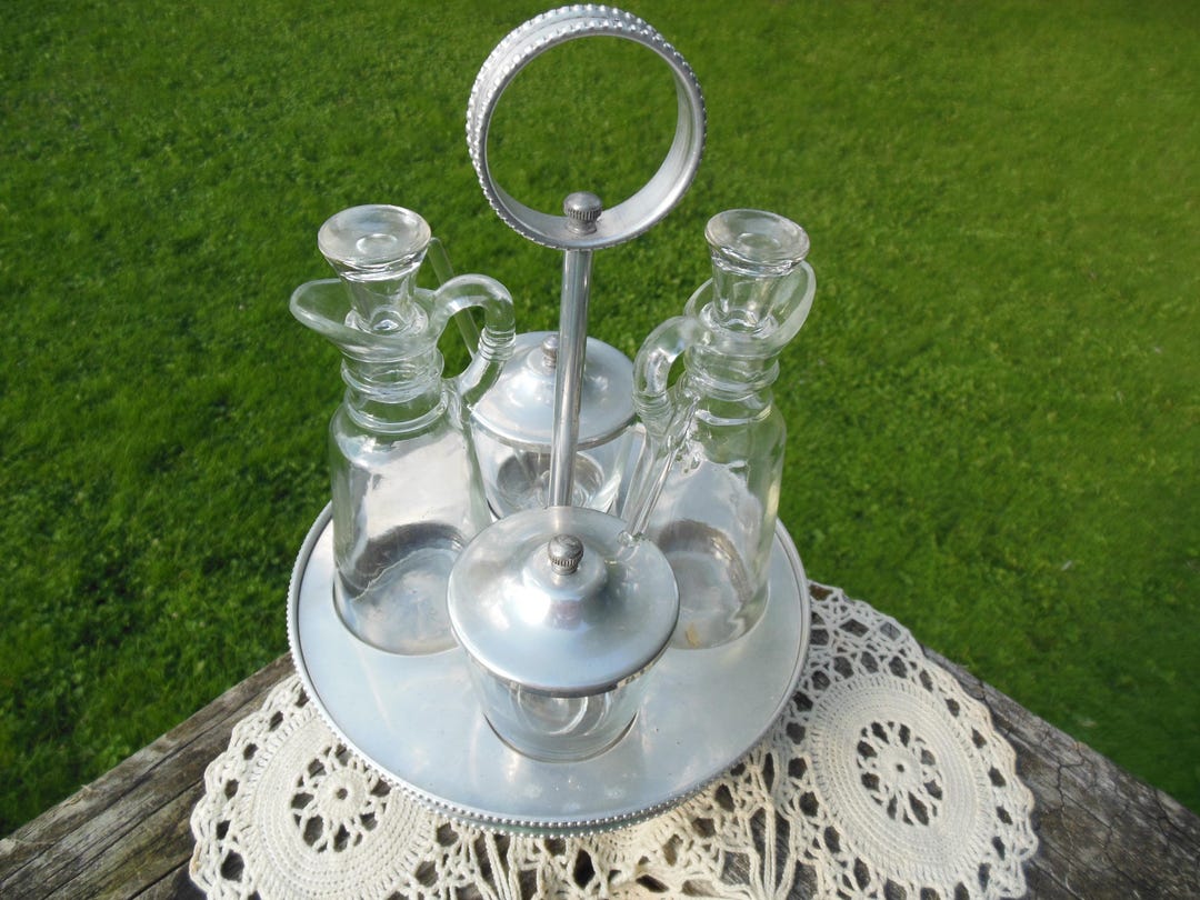 Condiment Caddy Set Vintage Glass Aluminum Base Oil Vinegar and ...