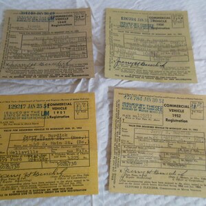Vintage Commercial Vehicle Registrations Lot of 4 Serial Years 1949-1952 Wellsville, NY for 1939 ...