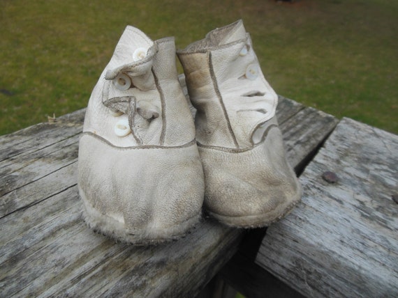 leather white baby shoes with button closures antique… - Gem