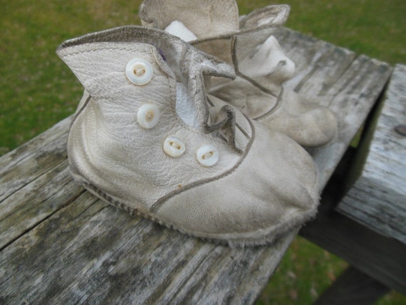 leather white baby shoes with button closures antique… - Gem