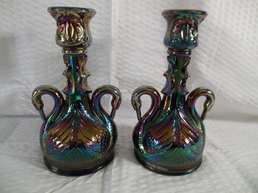Fenton Candle Stick Holders Double Swan Amethyst Iridescent Art Glass PAIR of 2 Excellent ...