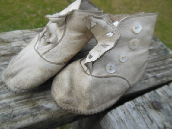 leather white baby shoes with button closures antique… - Gem