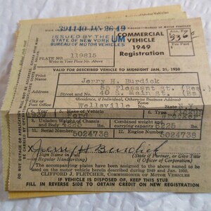 Vintage Commercial Vehicle Registrations Lot of 4 Serial Years 1949 Thru 1952 Wellsville New ...