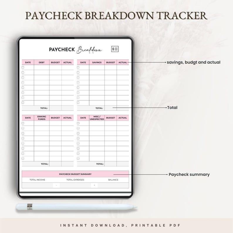 Paycheck Breakdown Tracker: Printable Budget Planner (digital Download ...
