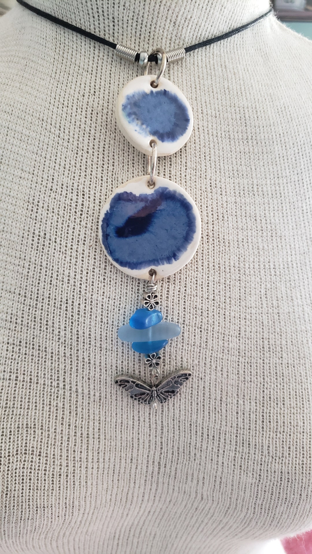 Sea Glass Pendant With Ceramic Discs and Cute Butterfly by Styx - Etsy