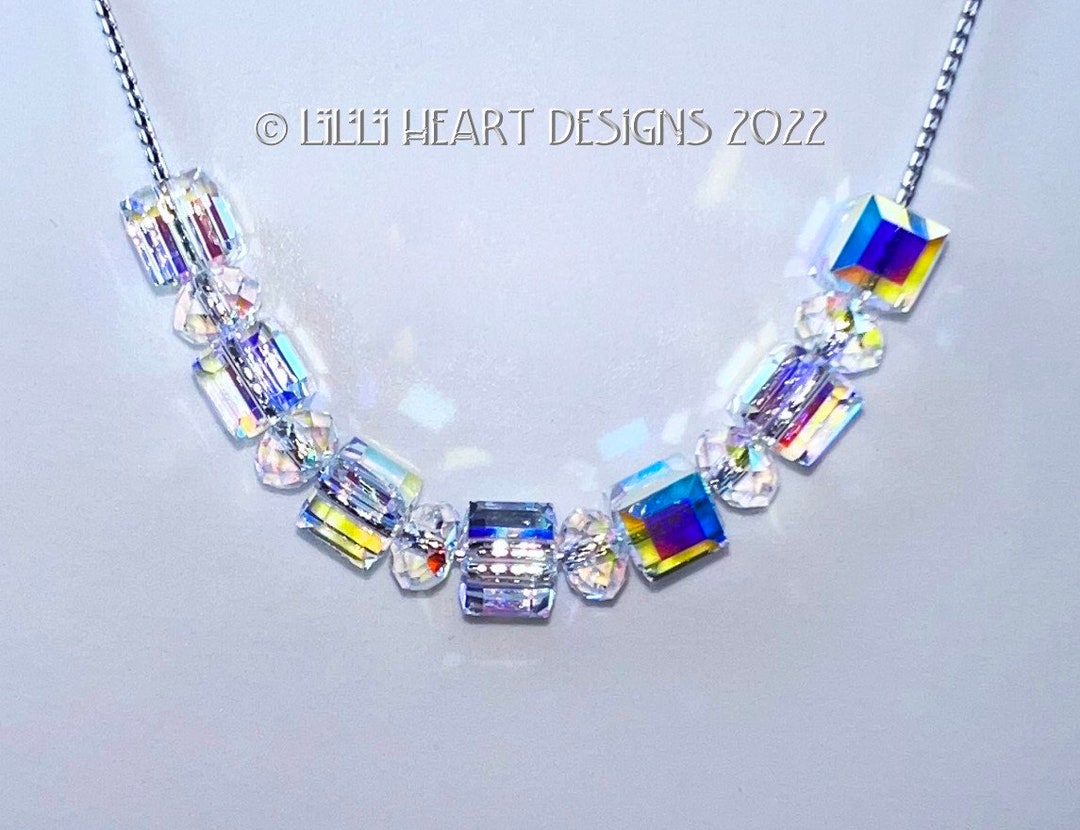 New Swarovski Crystal Necklace AURORA BOREALIS CUBE Beads Mixed With ...