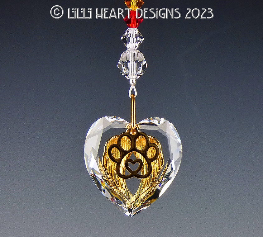 Rainbow Bridge Swarovski Crystal Heart Gold Paw Print and Wings Loss of ...