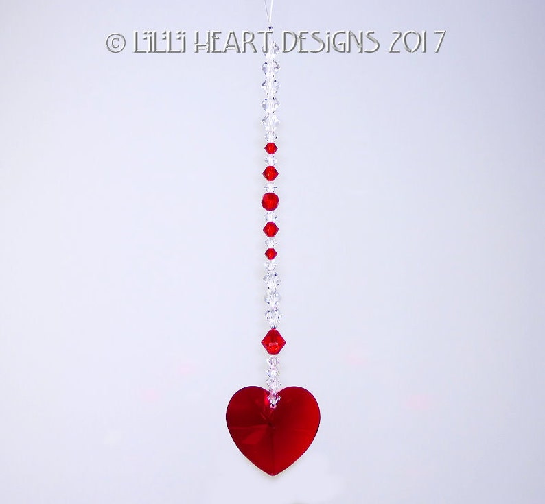 True Ruby Red Valentines Heart Suncatcher With Swarovski Crystal Beaded
