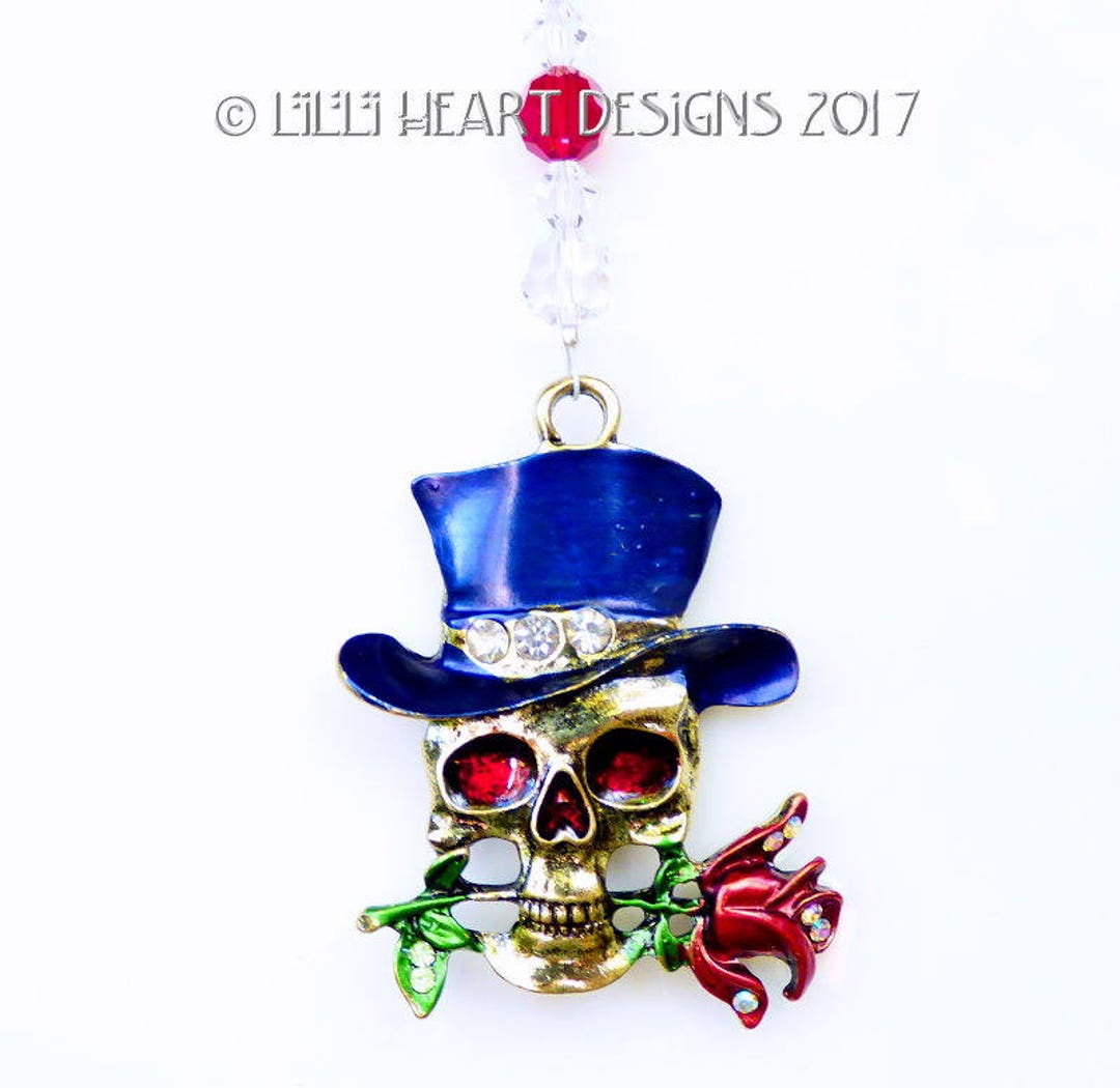 Fun Grateful Dead Skull With Rose Car Charm M/w Swarovski Crystal ...