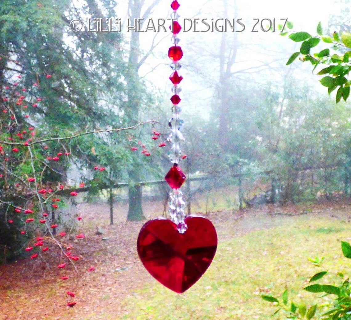 TRUE RUBY RED Valentines Heart Suncatcher With Swarovski Crystal Beaded ...