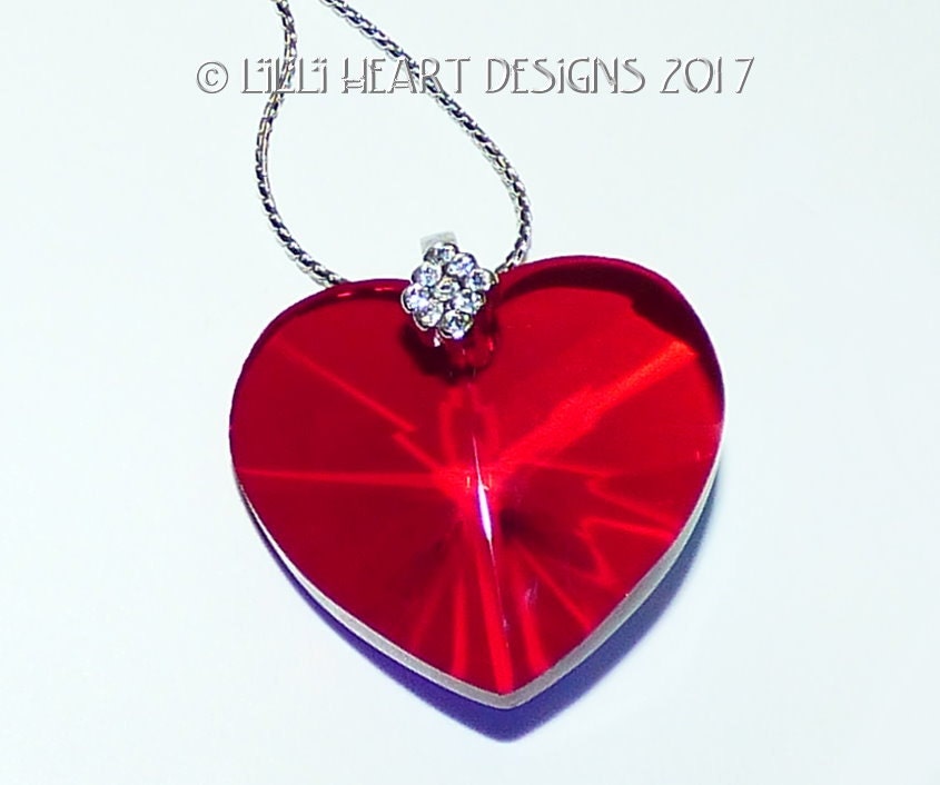 TRUE RUBY RED Valentines Crystal Heart Pendant With Silver Plated Chain ...