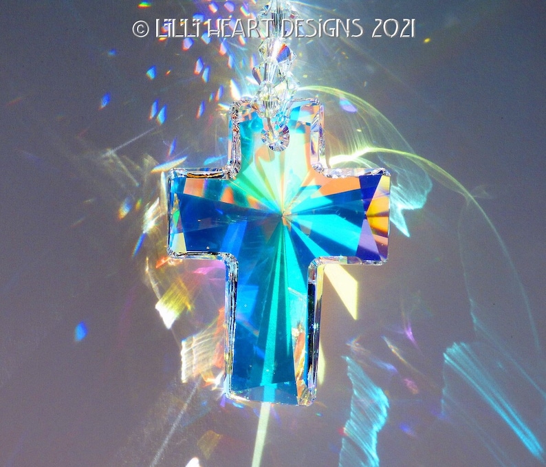 Swarovski Crystal Cross 40mm Large Aurora Borealis Suncatcher or Rear ...