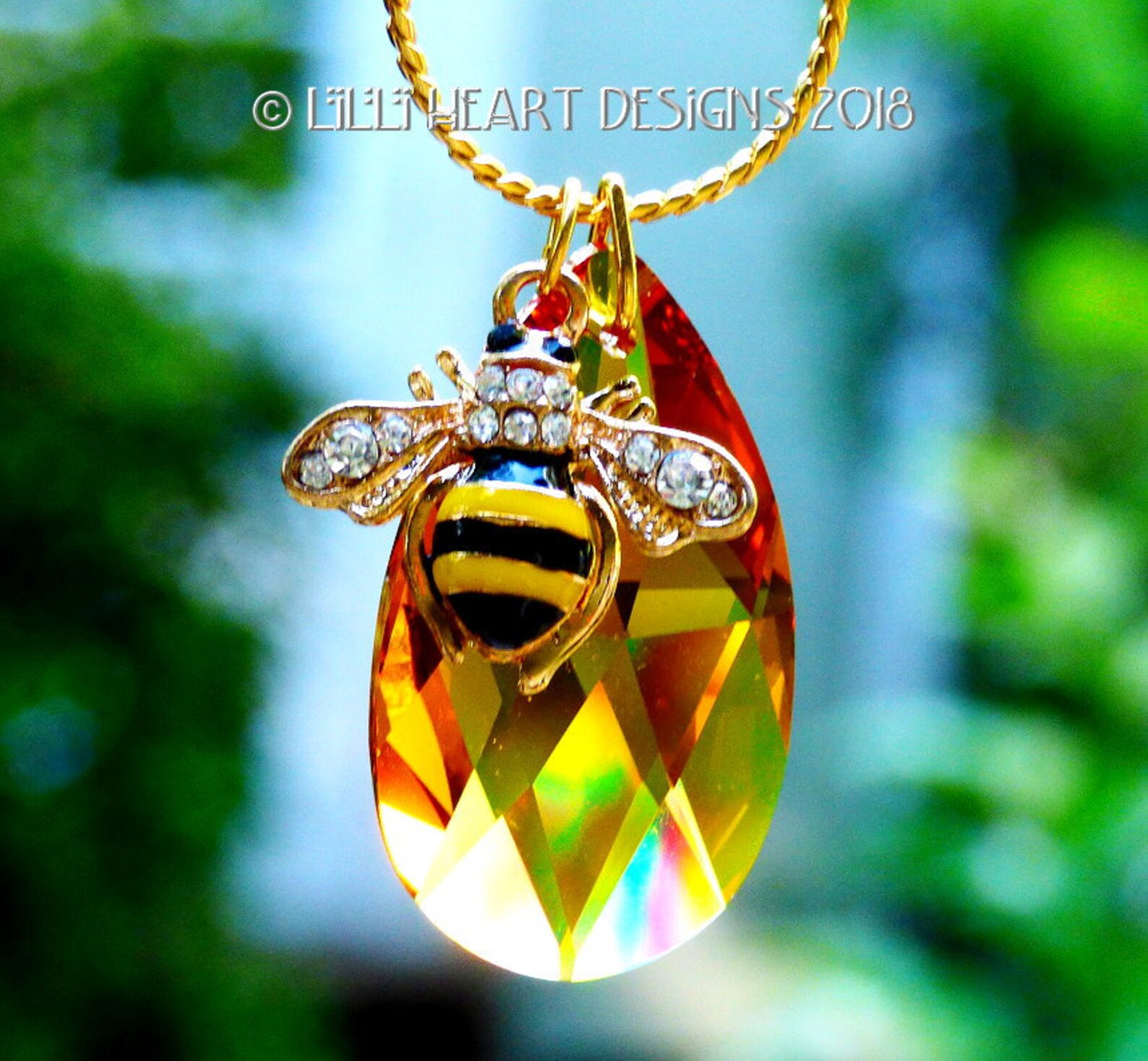 Swarovski Crystal Bee and Honey Drop Necklace Topaz 38mm Drop on 24K ...