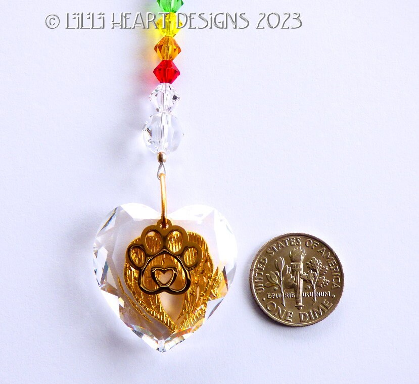 Rainbow Bridge Swarovski Crystal Heart Gold Paw Print and Wings Loss of ...