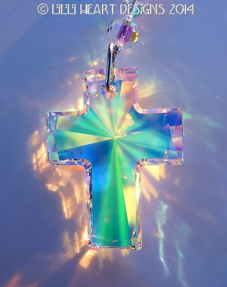Swarovski Crystal Cross 40mm Large Aurora Borealis Suncatcher or Rear ...