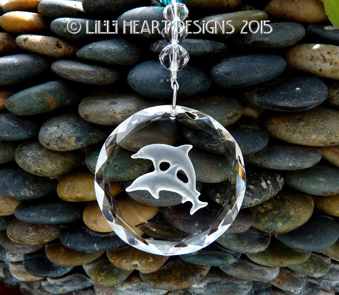 Crystal Clear Etched Double Dolphins Suncatcher With Swarovski Strand ...