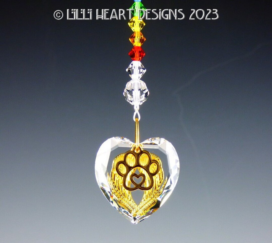 Rainbow Bridge Swarovski Crystal Heart Gold Paw Print and Wings Loss of ...