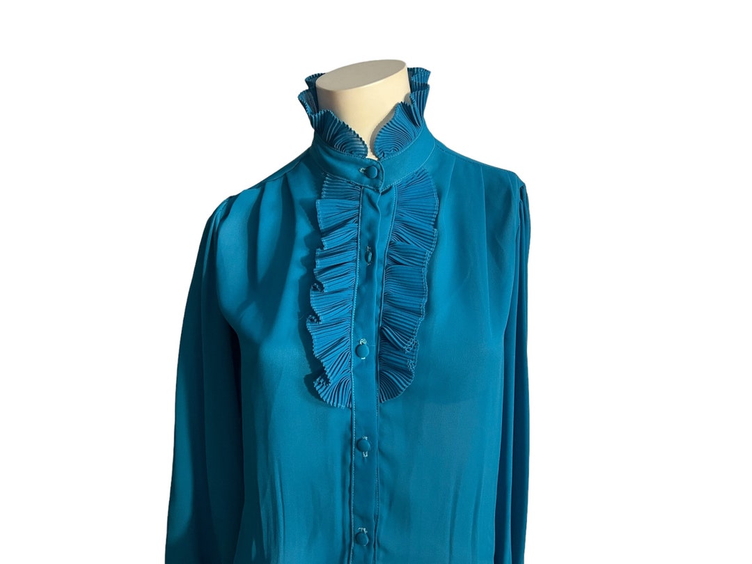 Vintage Blue 70's High Neck Ruffle Top 166 S - Etsy