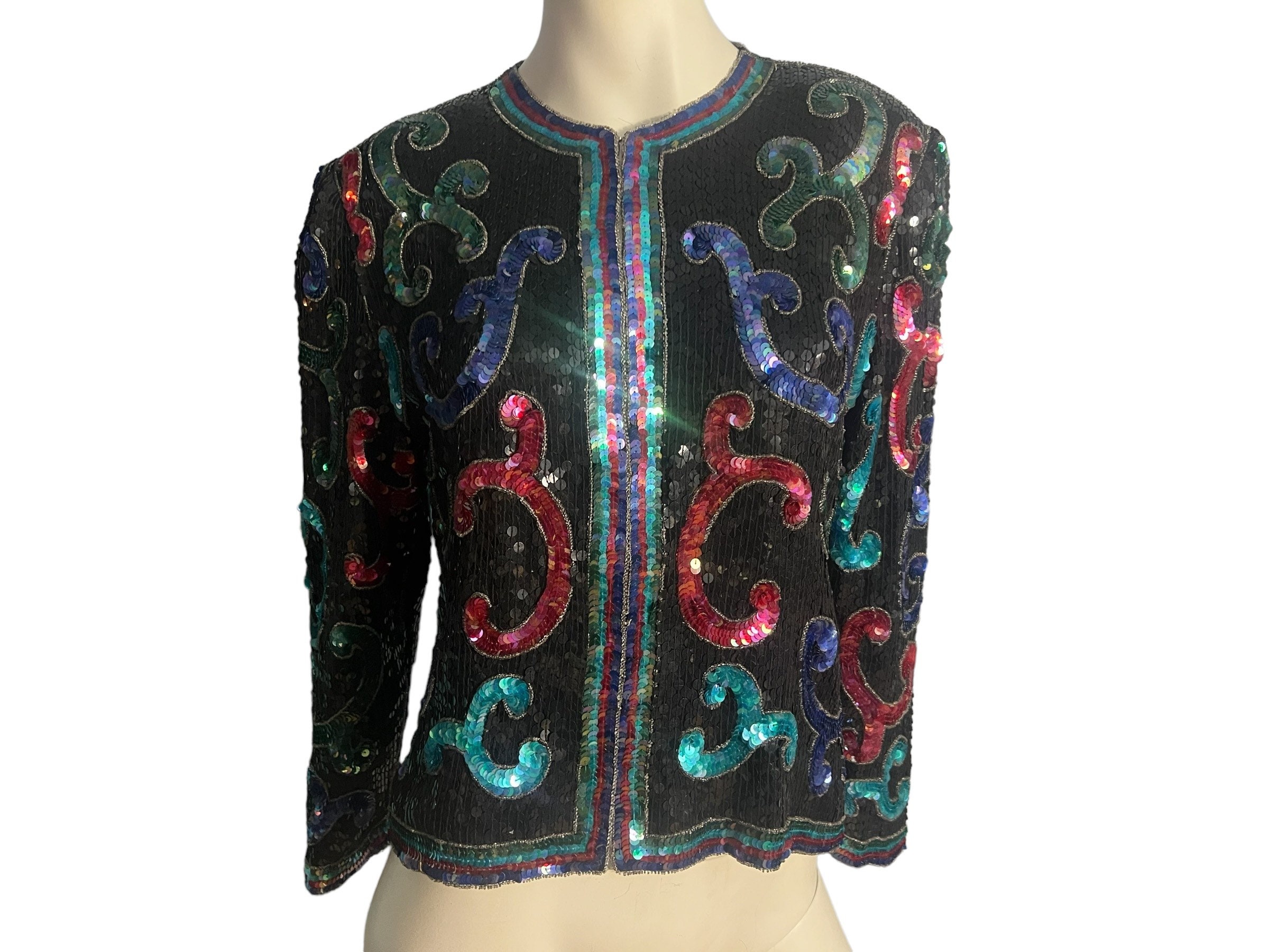 Vintage Sequin & Bead Jacket Black and Rainbow Stmira M - Etsy