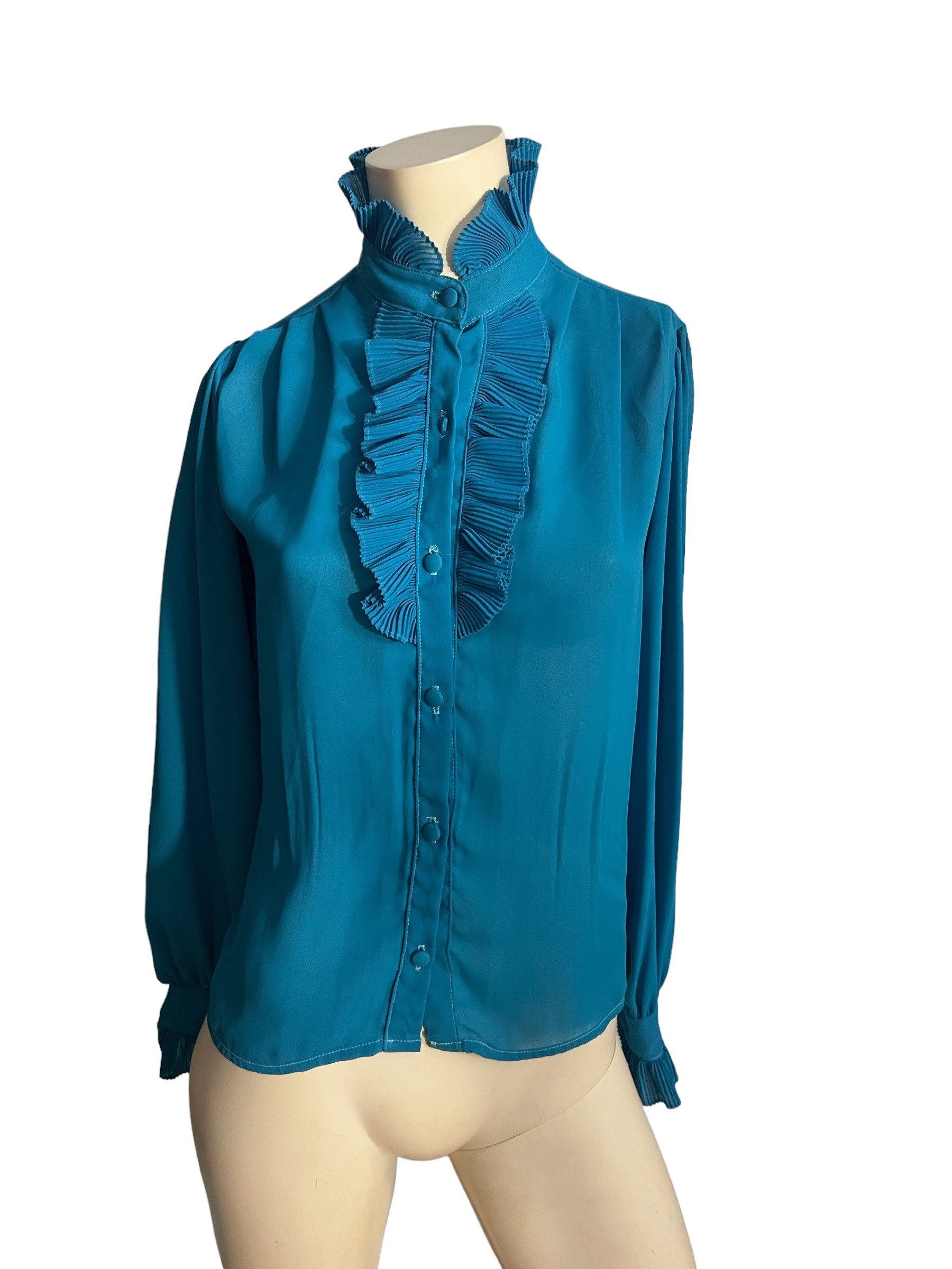 Vintage Blue 70s High Neck Ruffle Top 166 S Etsy