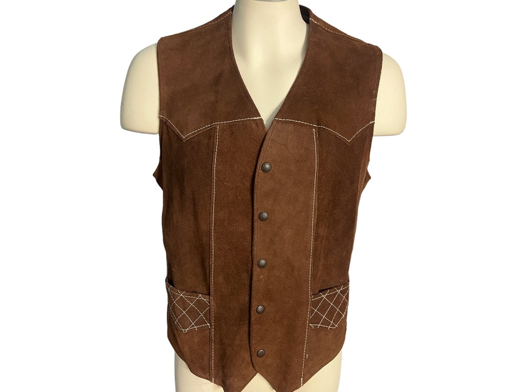 Vintage 70's Brown Leather Western Vest 40 - Etsy