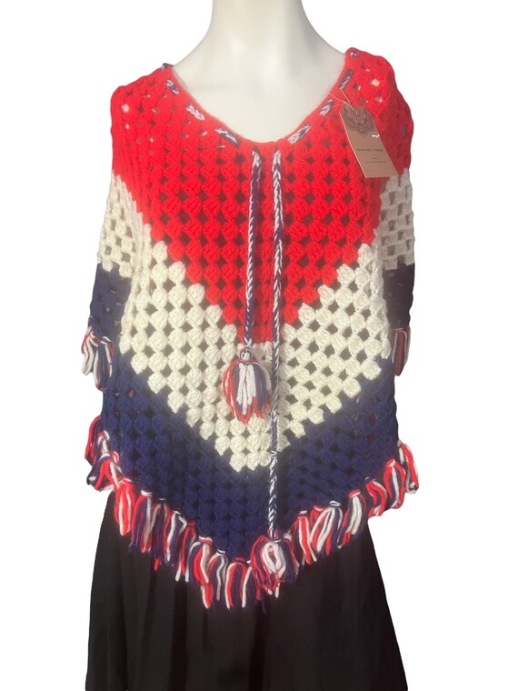 Vintage 70's red, white, & blue crochet shawl - Gem