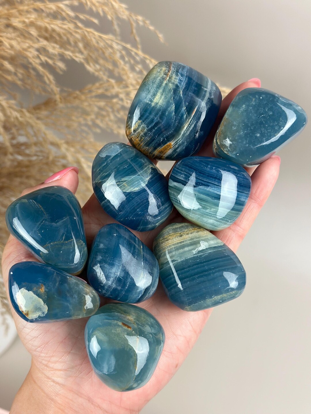 Blue Onyx Calcite Palm Stone: Argentina Onyx Aquatine Crystal Tumble ...