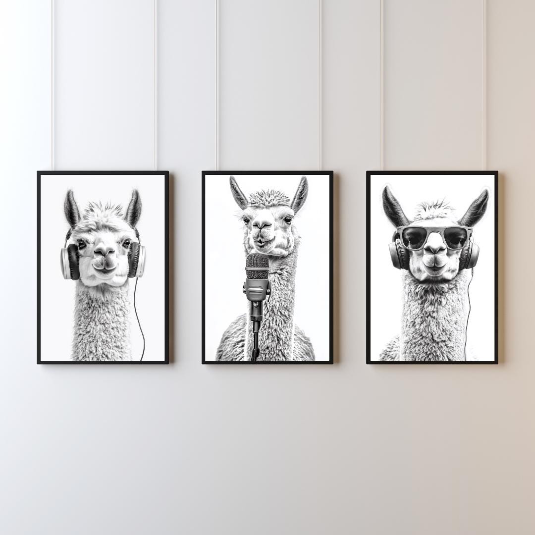 Llama Music Wall Art Set | Singing Llama, DJ Llama & Cool Headphones ...
