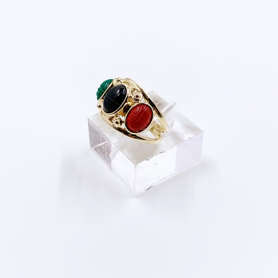 Vintage 14k Gold Scarab Ring, Carved Three Stone Scar… - Gem