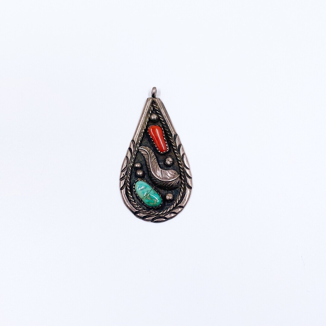 Vintage Silver Turquoise and Coral Pendant | Native American Tear Drop ...