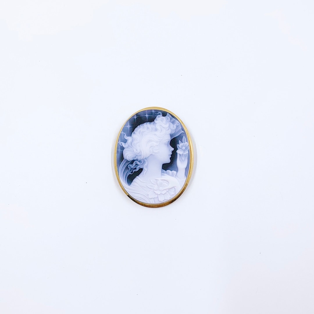 Estate 18K Gold Blue Agate Cameo Brooch: Italian Carved Pendant - Etsy