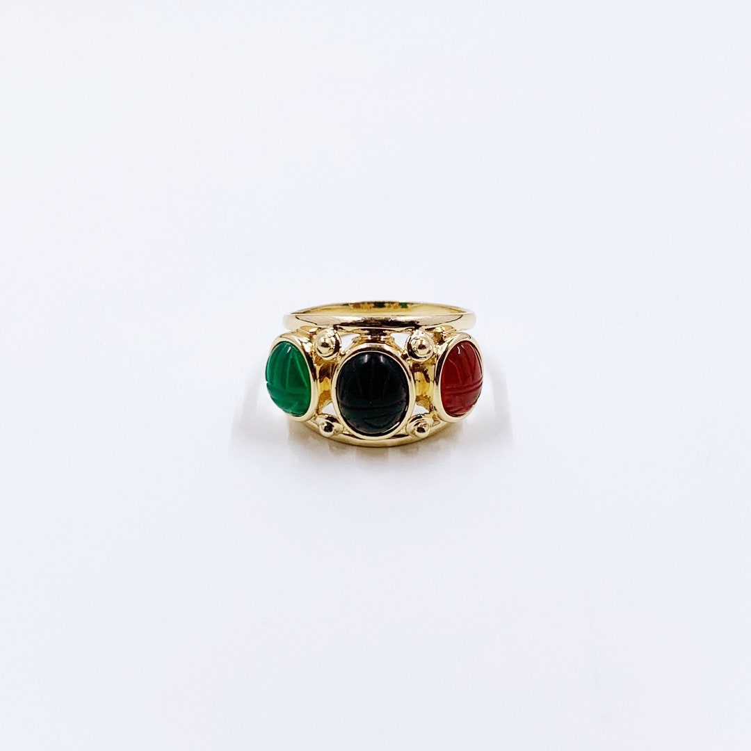 Vintage 14k Gold Scarab Ring: Three Stone Egyptian Revival Style (size ...