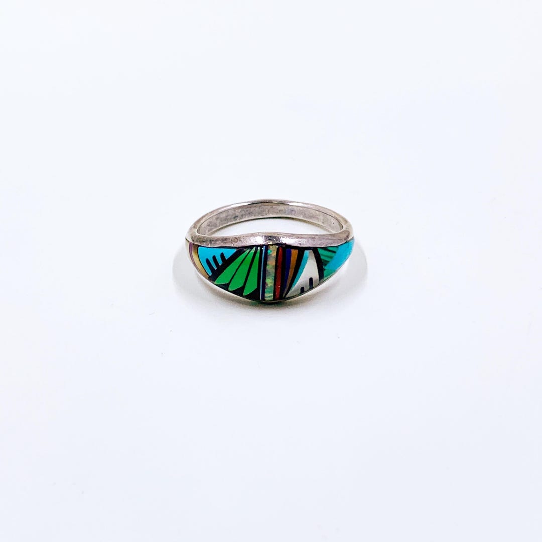 Vintage Sterling Silver Multi Gemstone Inlay Ring - Southwestern Style ...