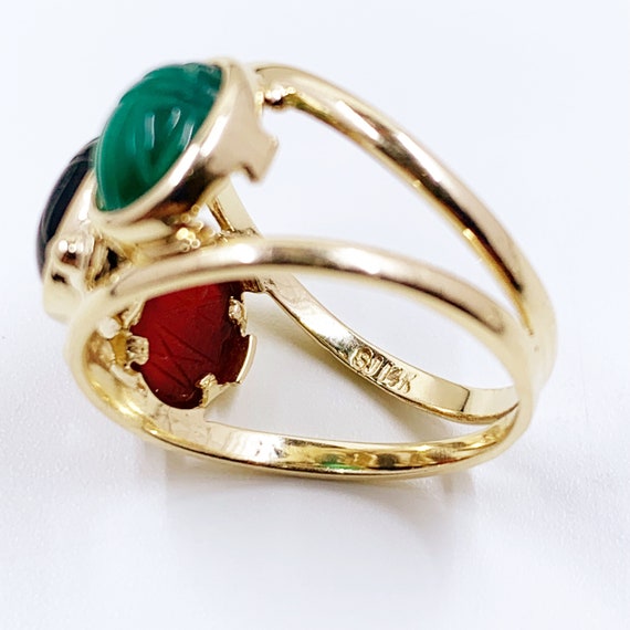 Vintage 14k Gold Scarab Ring, Carved Three Stone Scar… - Gem