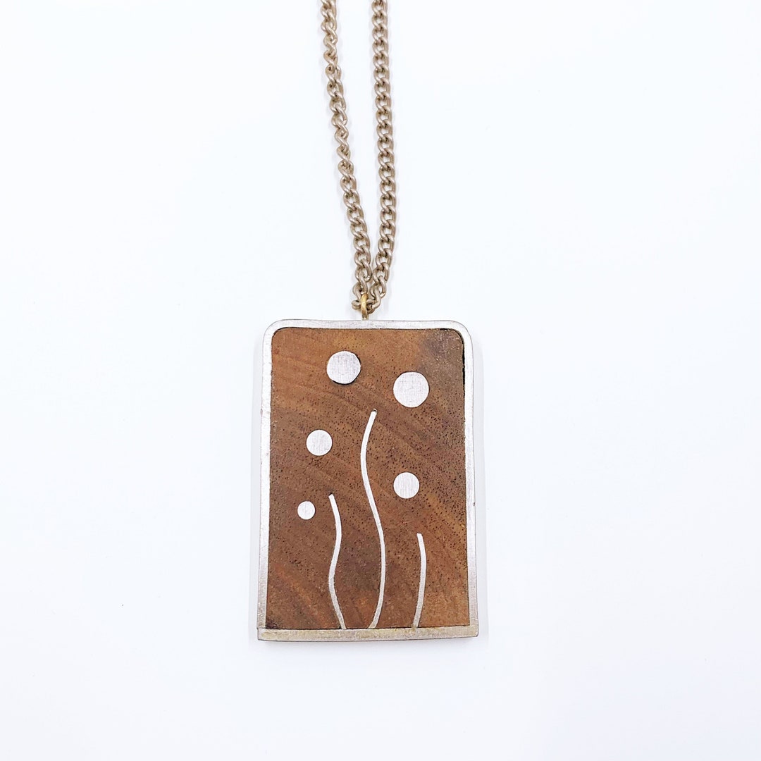Vintage Modernist Wood and Pewter Inlay Necklace | 1970's Modernist ...