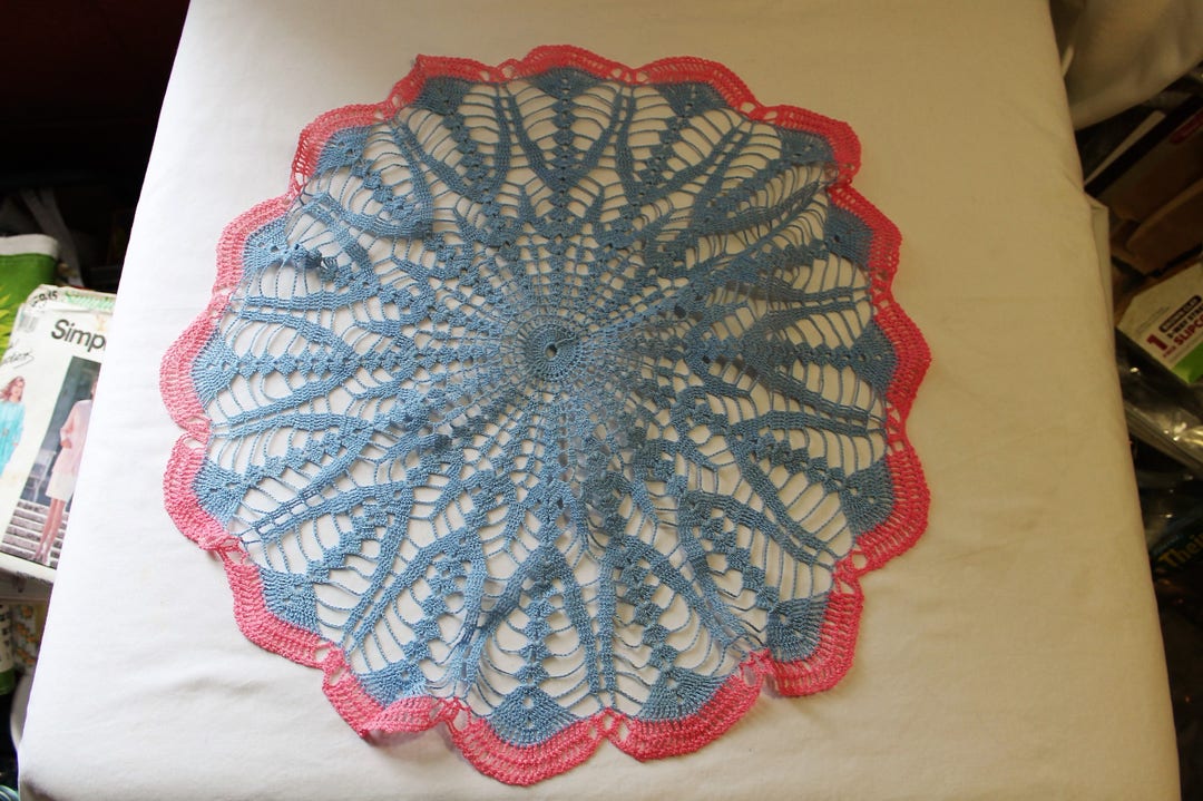 Large Round Blue Crocheted Doily With Pink Border - Etsy