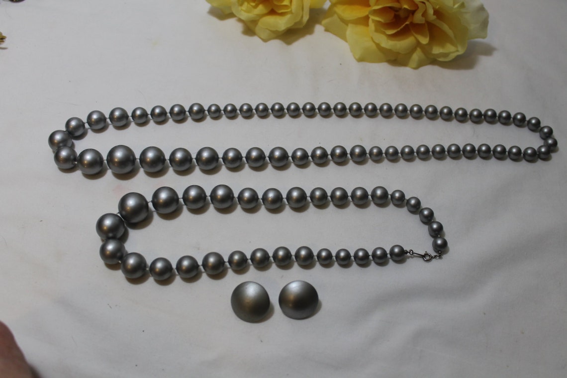 Vintage AVON Gray Beads Jewelry Set 2 Necklaces Pierced - Etsy